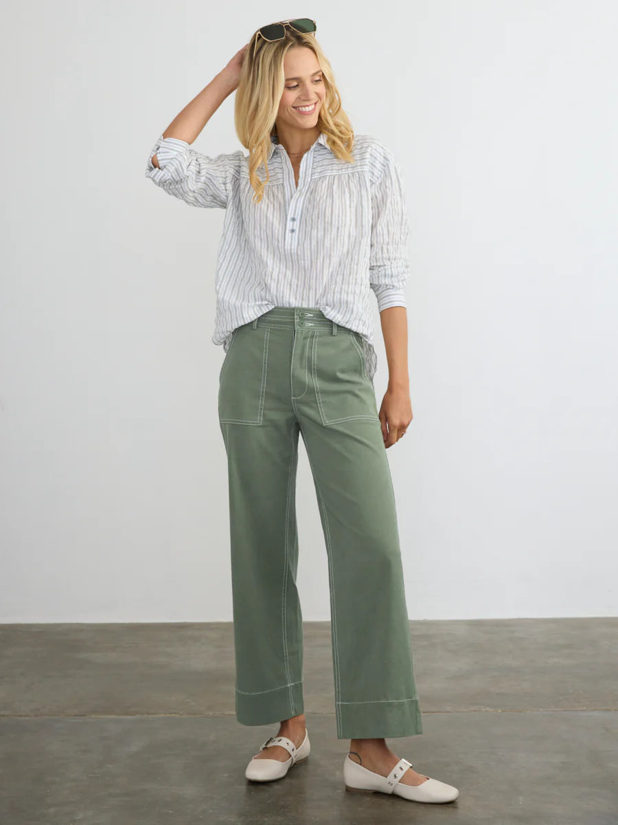 Sage Green Striped Cotton Popover Button Front Top by Margaret O'Leary ...